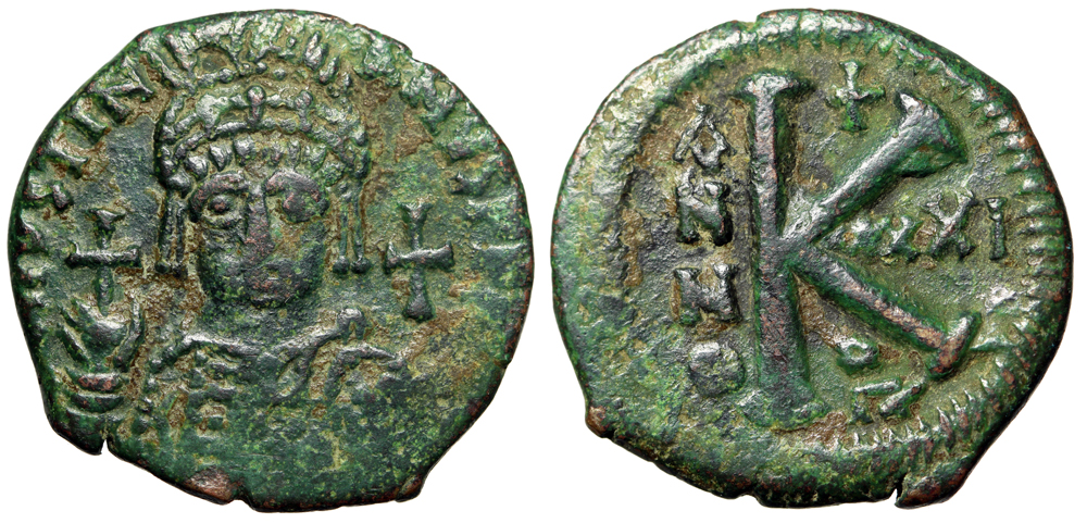 Justinian I AE Half Follis Facing Portrait & K Antioch | Byzantine Coins