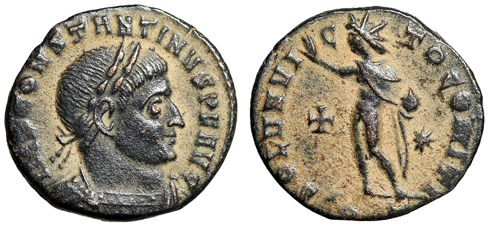 Constantine I The Great Soli Invicto, Cross in Field Ticinum Good Very Fine