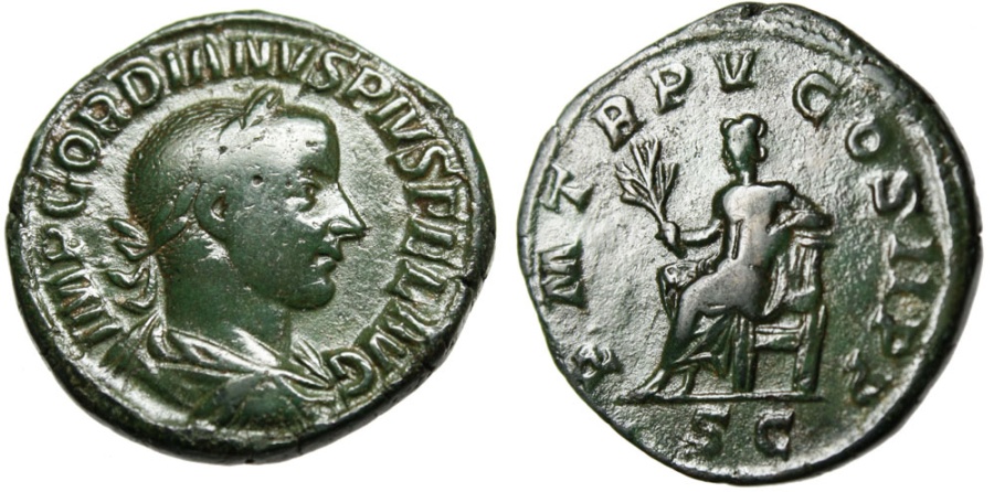 Gordian III AE Sestertius Apollo Enthroned, Olive Branch Rome RIC 301