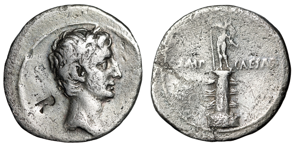 Octavian AR Denarius IMP CAESAR Rostral Column, Prows, Statue Italy nVF