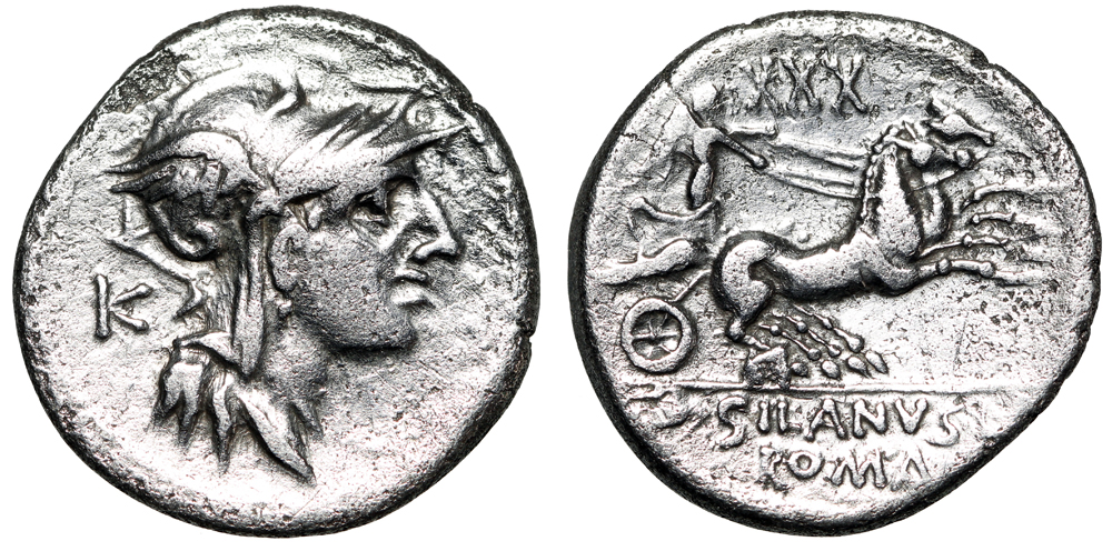 D Silanus LF AR Denarius Roma & Biga Very Fine | Roman Republican Coins