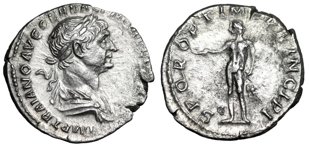 Trajan AR Denarius Genius of The Romans Choice Portrait EF RIC 275