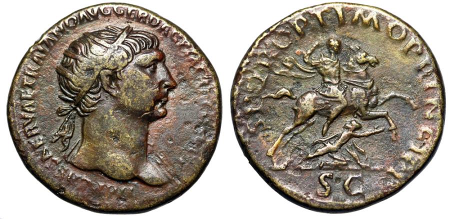 Trajan AE Dupondius Riding Horseback, Spearing Dacian RIC 544 var Good VF