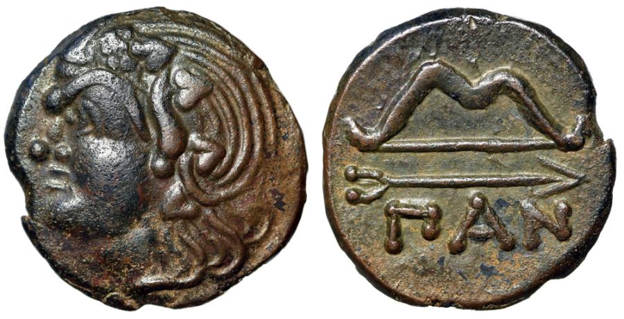 Cimmerian Bosporus, Pantikapaion AE20 Youthful Satyr / Bow & Arrow Good VF