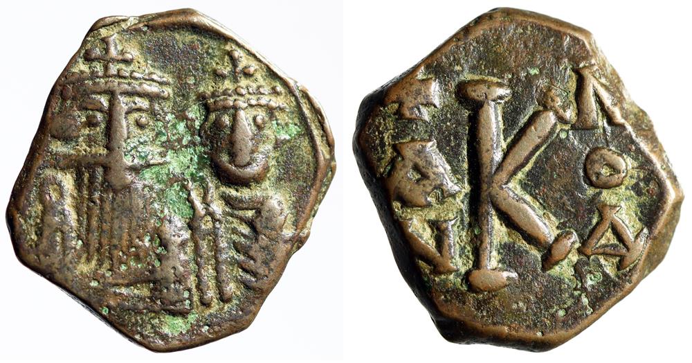 Constans II & Constantine IV Half Follis Facing Portraits & K Syracuse gVF