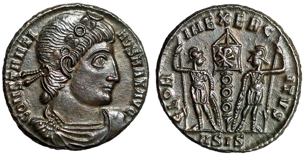 Constantine II Two Soldiers, Chi-Rho Banner Siscia Choice Extremely Fine
