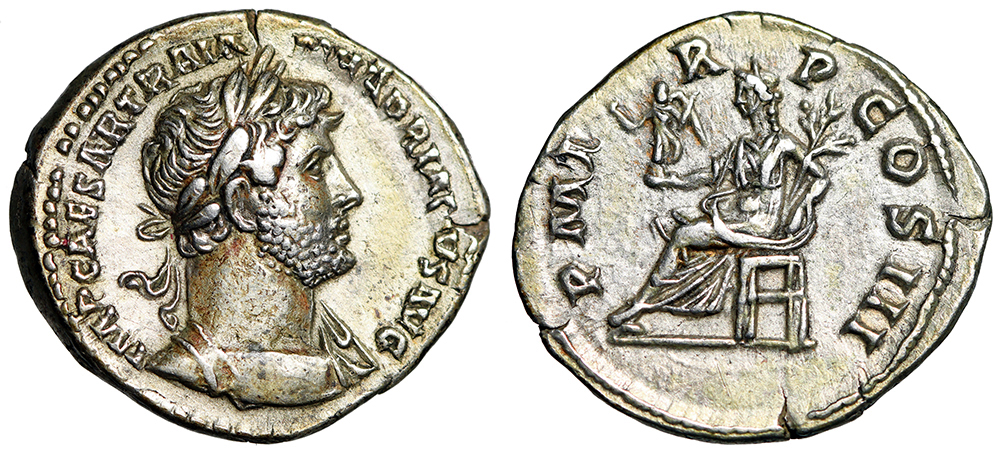 Hadrian AR Denarius Pax Seated, Holding Victory Rome Scarce Good Very Fine