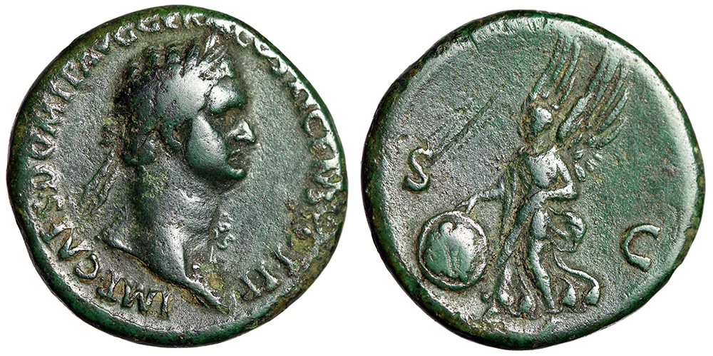Domitian AE As Victory, SPQR Shield Beautiful Natural Green Patina