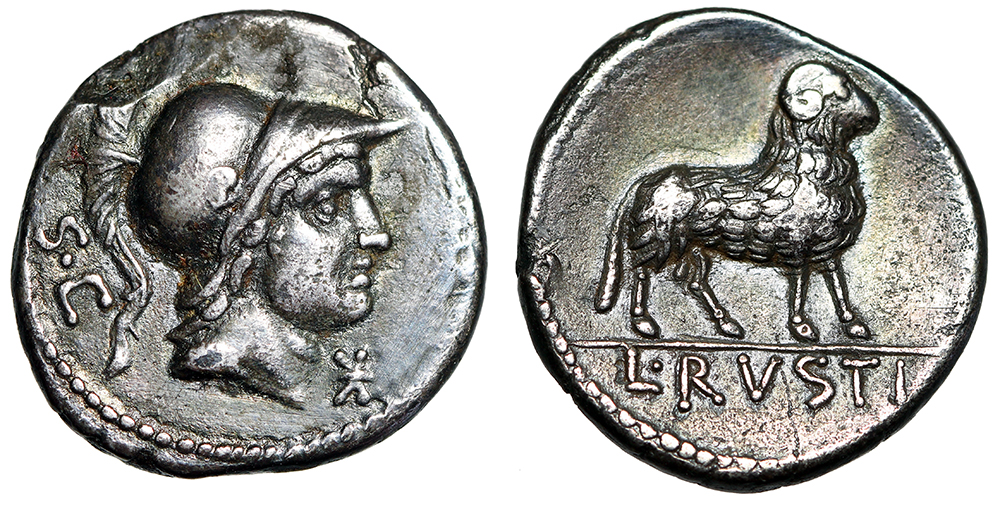 L Rustius AR Denarius Mars / Ram 76 BC Extremely Fine | Roman ...