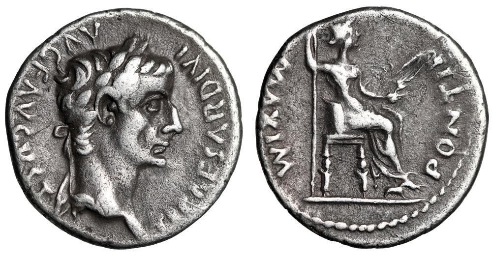 Tiberius AR Denarius VF With Attractive Tone Portrait & Female Seated Lyons