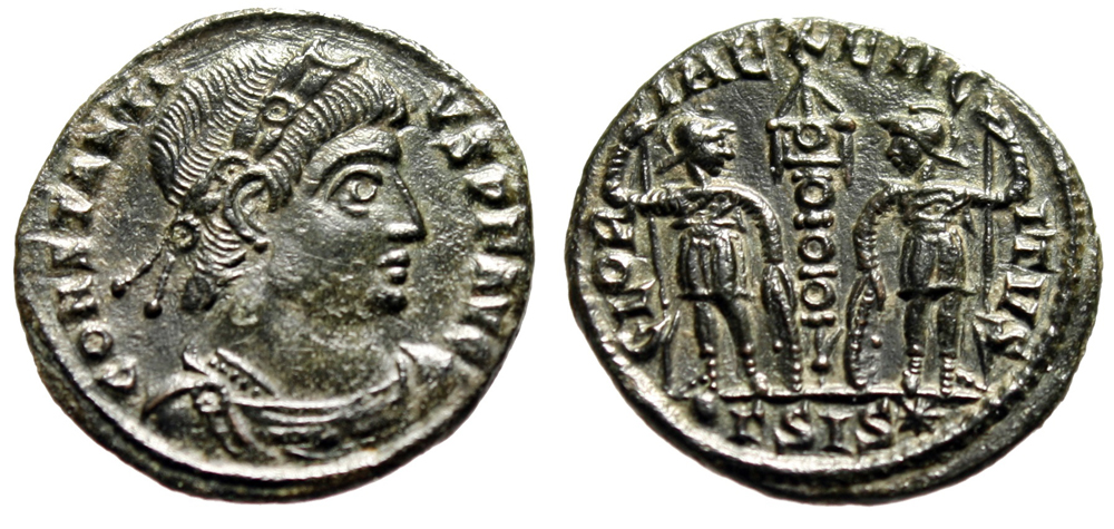 Constantius II GLORIA EXERCITVS Soldiers, Annulet Standard Siscia RIC ...