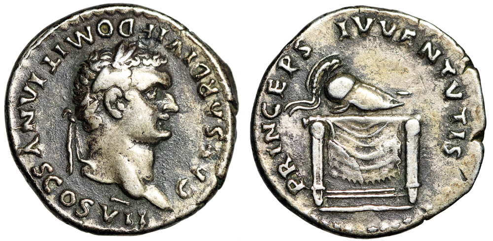 Domitian as Caesar AR Denarius Crested Helmet on Pulvinar Very Fine