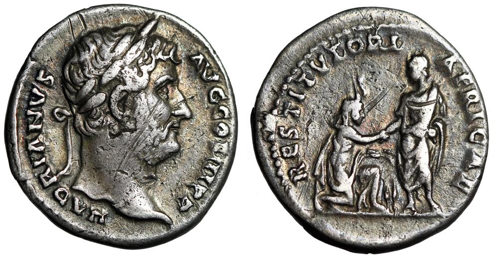 Hadrian AR Denarius RESTITVTORI AFRICAE Africa Kneeling Before Emperor Rare