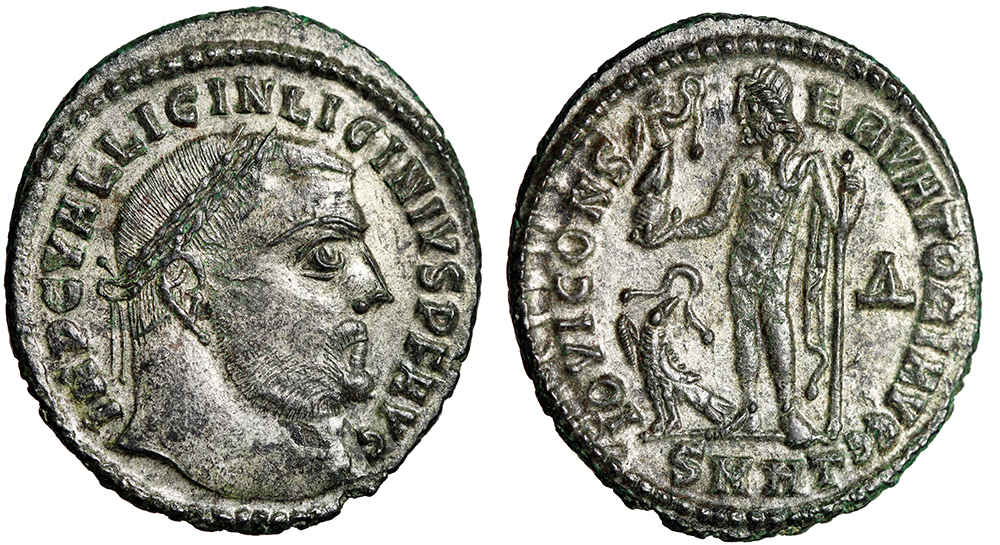 Licinius I Silvered Follis Jupiter, Eagle Heraclea Extremely Fine