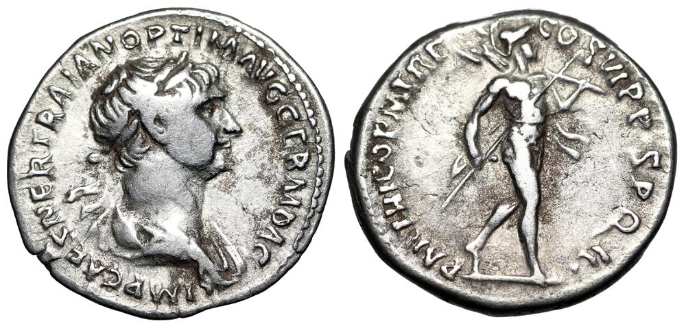 Trajan AR Denarius Mars Holding Spear & Trophy Good Fine | Roman ...