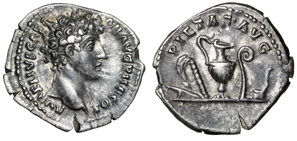 Marcus Aurelius as Caesar AR Denarius Emblems of Priesthood RIC 424a gVF