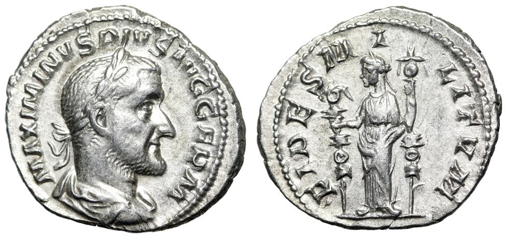 Maximinus I Thrax AR Denarius Fides, Standards Rome Extremely Fine