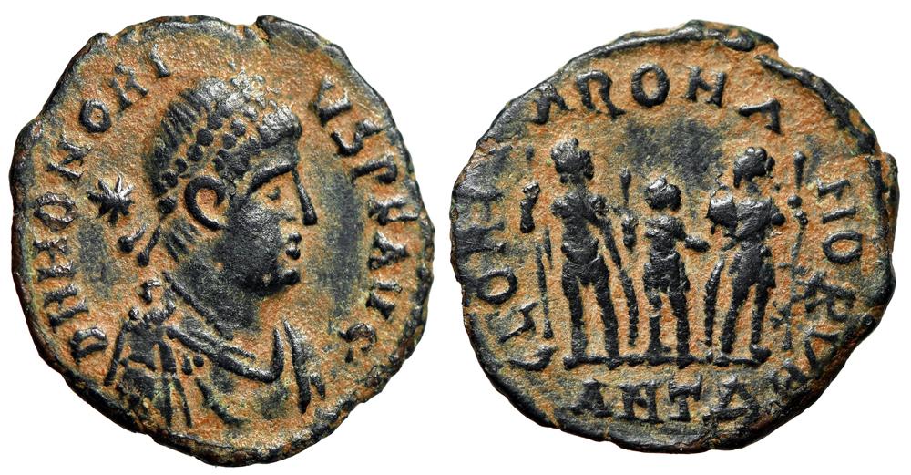 Honorius GLORIA ROMANORVM Emperor, Arcadius & Theodosius II Antioch gVF