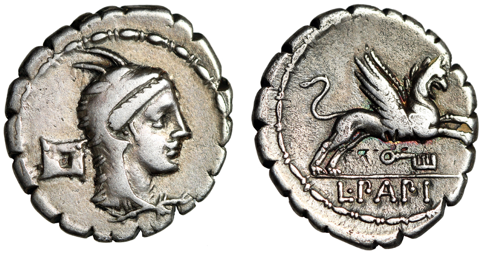 L Papius Serrated AR Denarius Juno Sospita & Griffin, Lock & Key ...