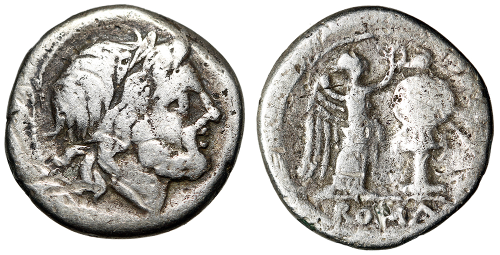 Roman Republic Anonymous AR Victoriatus Jupiter / Victory Crowning Trophy