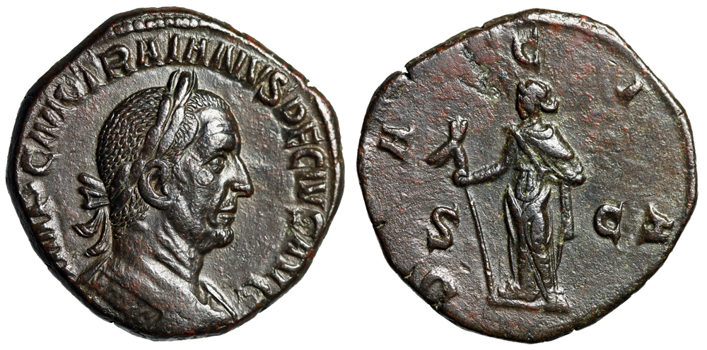 Trajan Decius Sestertius Dacia with Staff Rome Extremely Fine