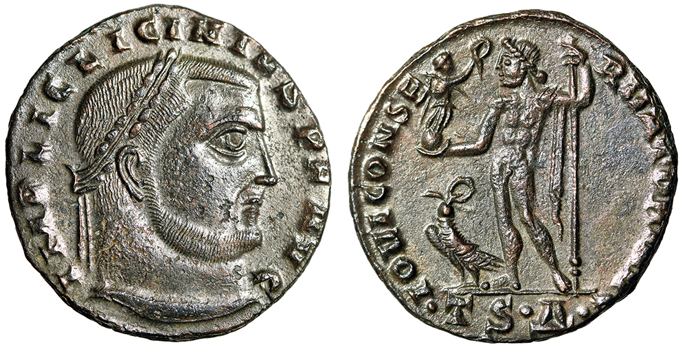 Licinius I Follis Jupiter, Eagle Thessalonica Extremely Fine | Roman ...