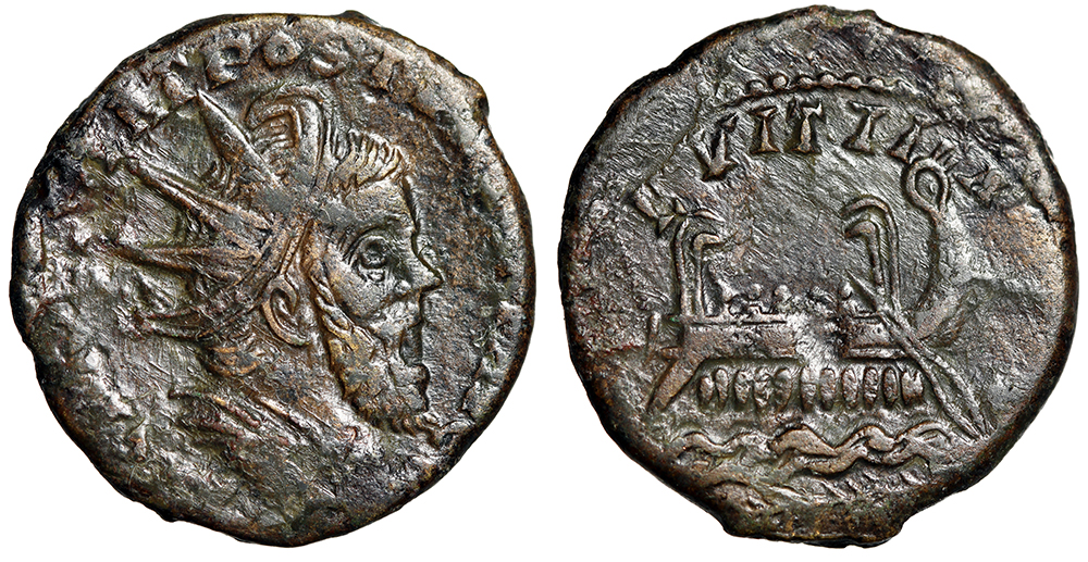 Postumus Sestertius (or Dupondius) Galley with Five Oarsmen Rare