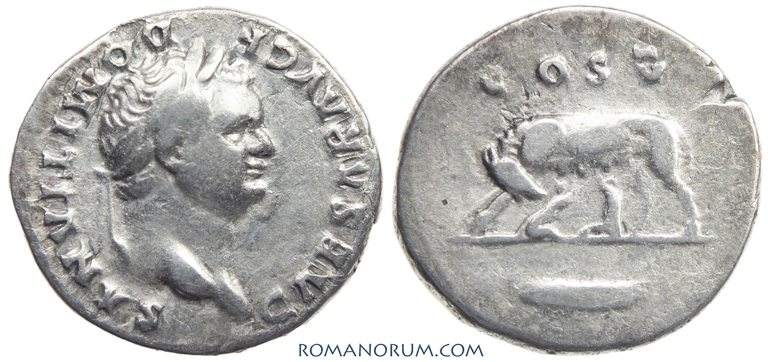 DOMITIAN. (AD 81-96) Denarius, 3.18g. Rome. She-wolf, Romulus and Remus.