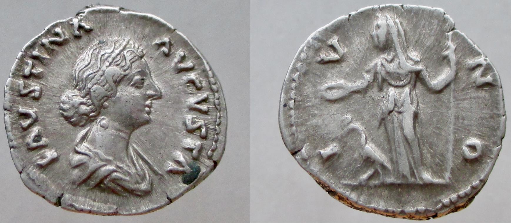 Faustina Junior, Augusta, AR Denarius. Juno holding patera and long ...