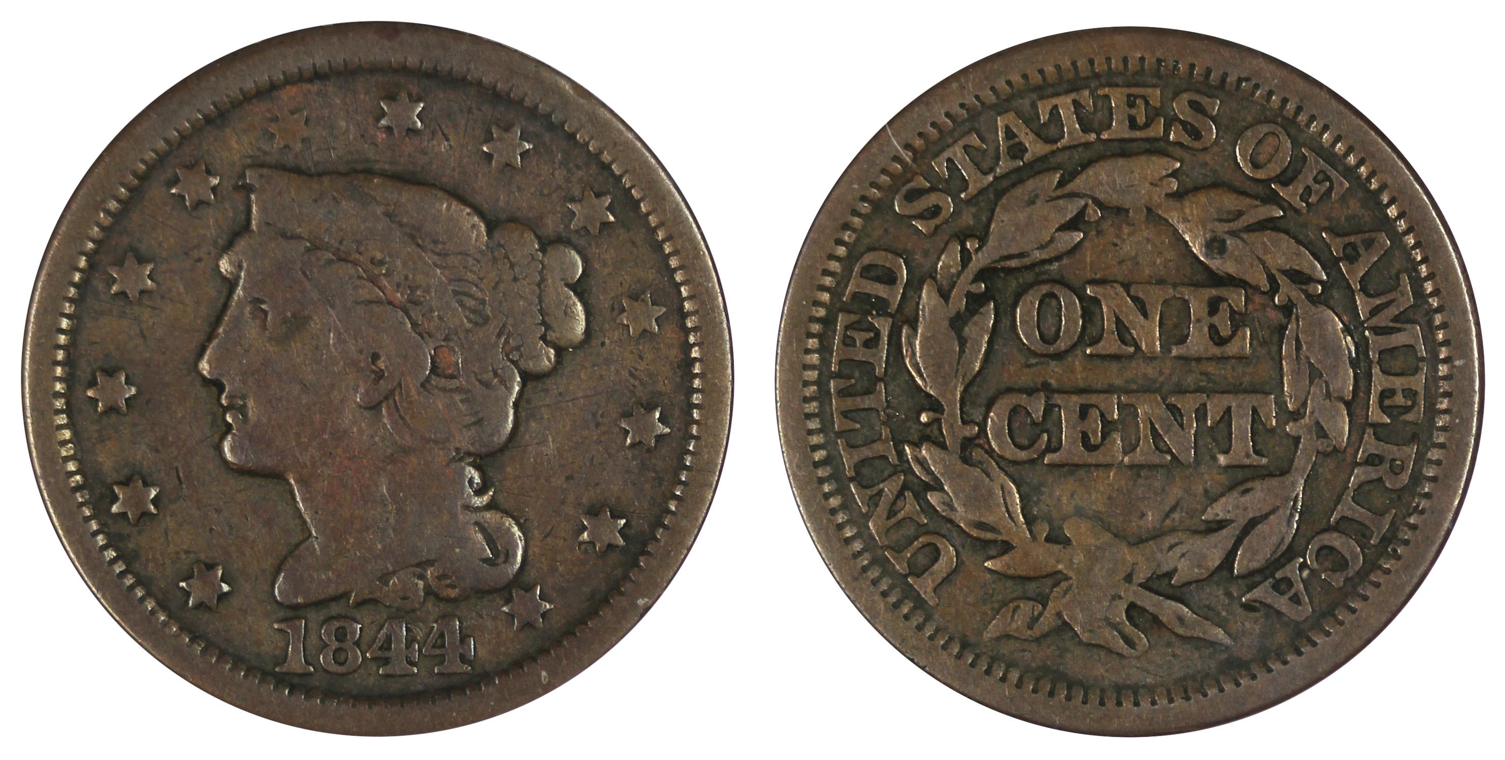 1844, 44 over 81, Braided Hair 1c ANACS VG 8, N-2 | Large Cents