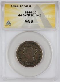 1844, 44 over 81, Braided Hair 1c ANACS VG 8, N-2 | Large Cents