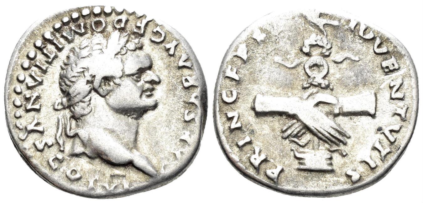 Domitian, as Caesar. 69-81 AD. AR Denarius (3.38g, 18mm). Rome mint ...