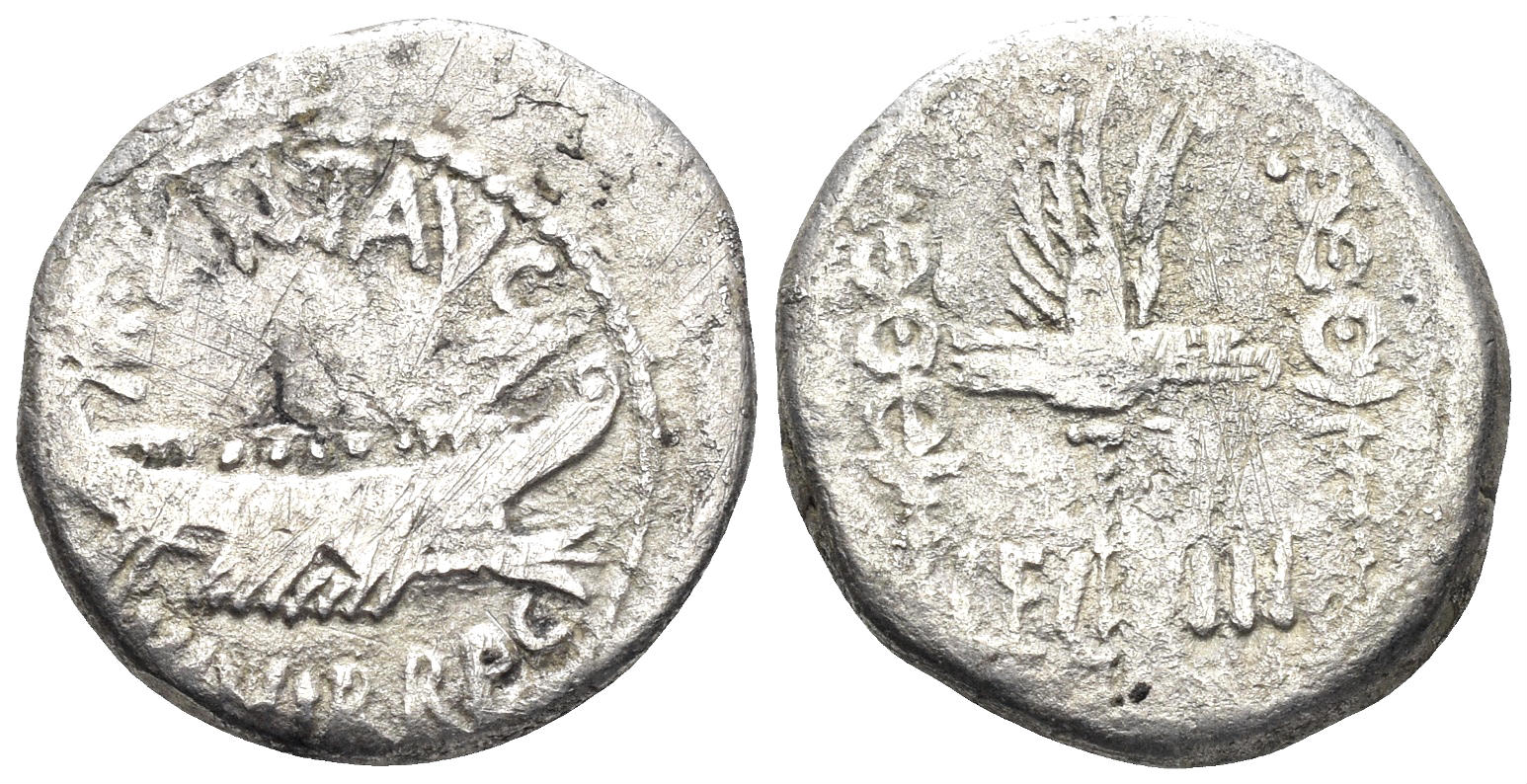Mark Antony. 32-31 BC. AR Legionary Denarius (2.85g, 16mm). Patrae ...