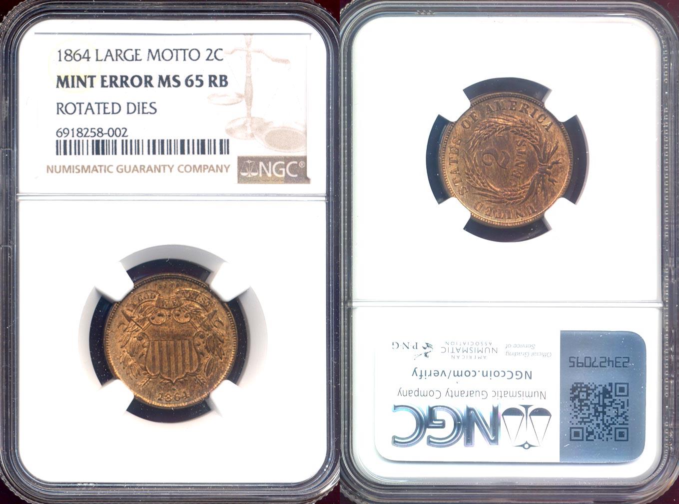1864 Lg. Motto two cent NGC MS65RD ... MINT ERROR | 2 Cents