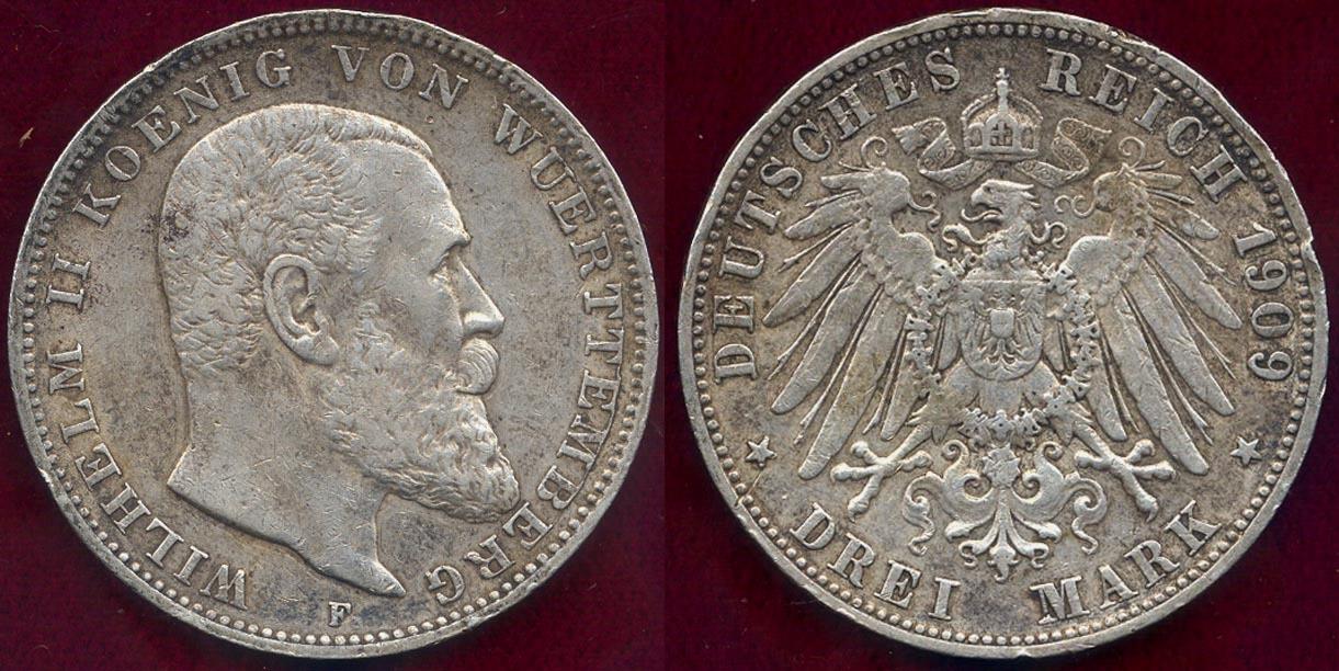 WURTTEMBERG 1909 F GERMAN 3 MARK.. WILHELM II | European Coins