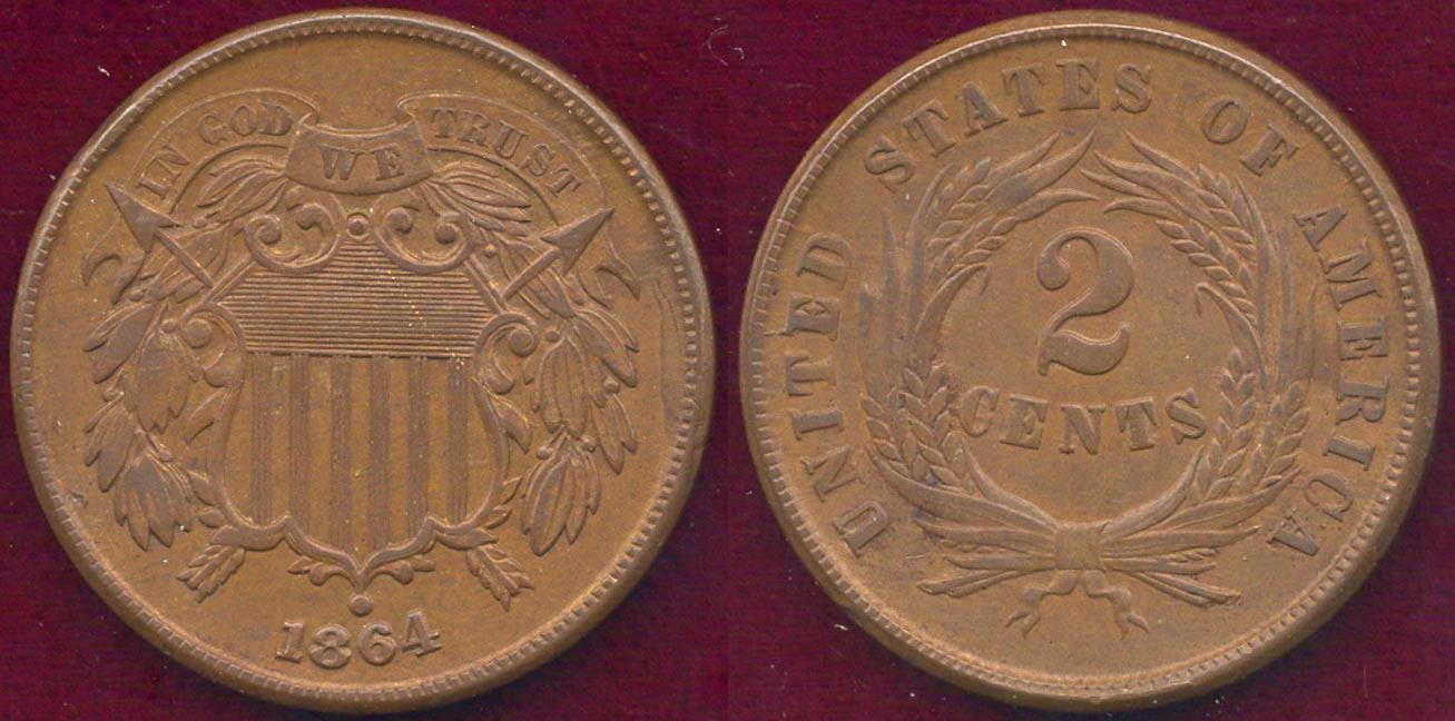 1864 Lg. Motto TWO CENT AU | 2 Cents