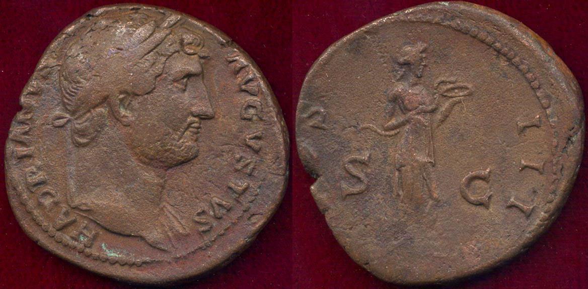 HADRIAN 128 AD AE AS... SALUS & SNAKE | Roman Imperial Coins