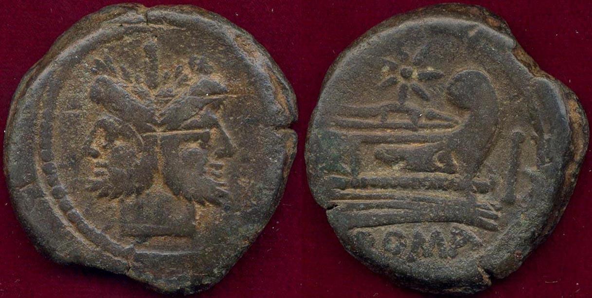 ROMAN REPUBLIC ANONYMOUS 157-155 BC AE31 .. Two face head of JANUS