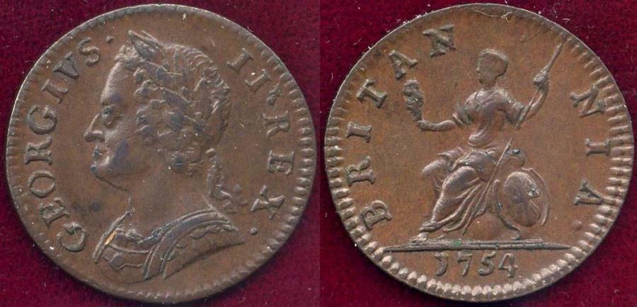 GREAT BRITAIN 1754 GEORGE II FARTHING AU | European Coins