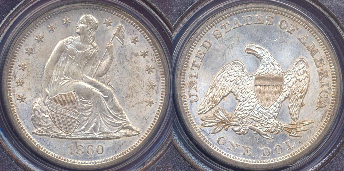 1860-O SEATED DOLLAR PCGS MS62 OLD holder... undergraded | Dollars
