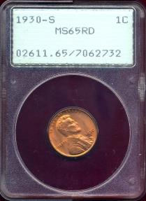 1930-S LINCOLN CENT PCGS MS65RD .. OLD RATTLER Holder | Small Cents