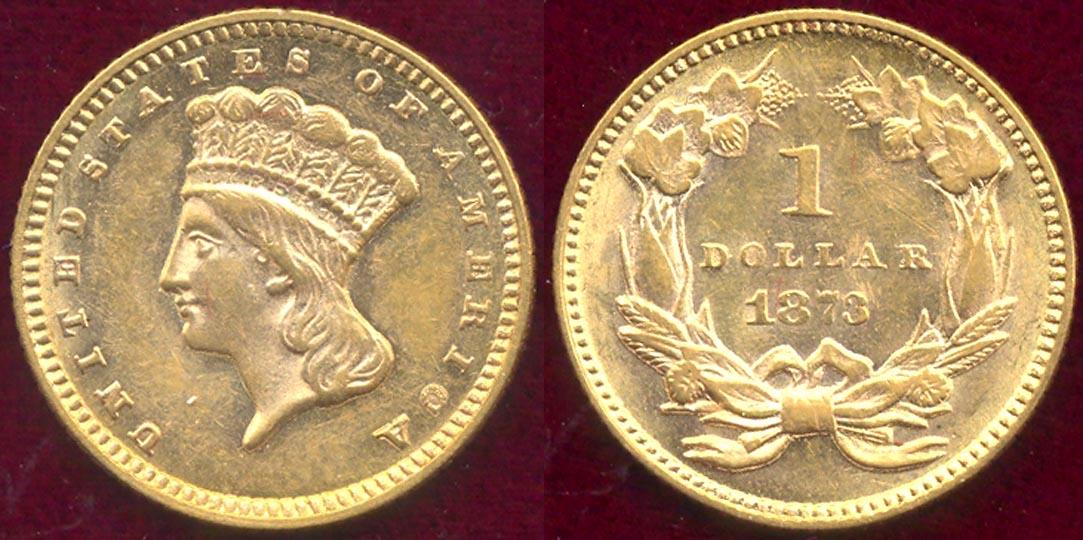1873 open 3 Gold One Dollar Princess AU58 | Gold Coins