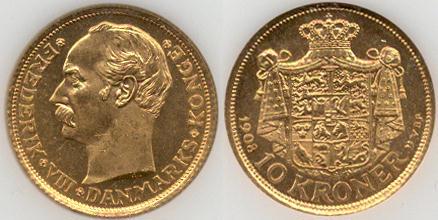 DENMARK 1908, 1909 FREDERIK VIII GOLD 10 KRONER CHOICE BU | European Coins