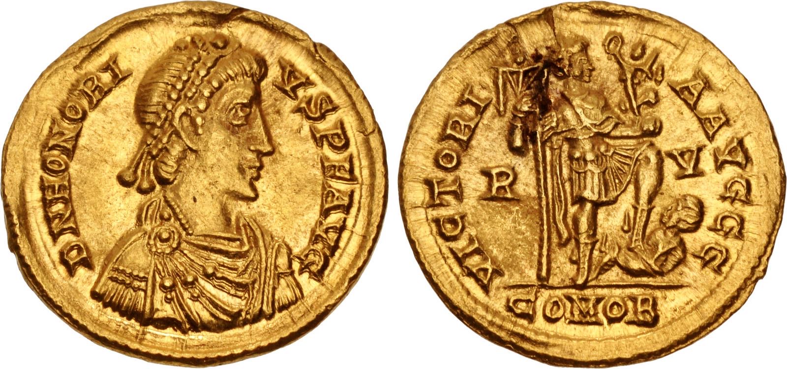 Honorius AV (Gold) Solidus--Superb