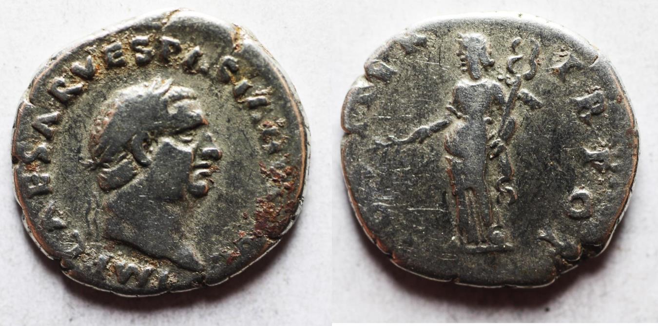 Vespasian (AD 69-79). AR denarius (18mm, 3.26). Rome mint. Stuck ...