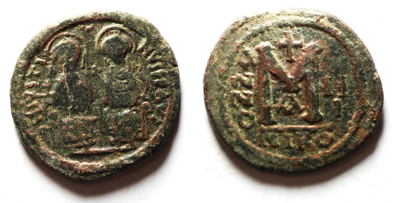 BYZANTINE. Justin II with Sophia, 565 - 578 AD, AE Follis | Byzantine Coins
