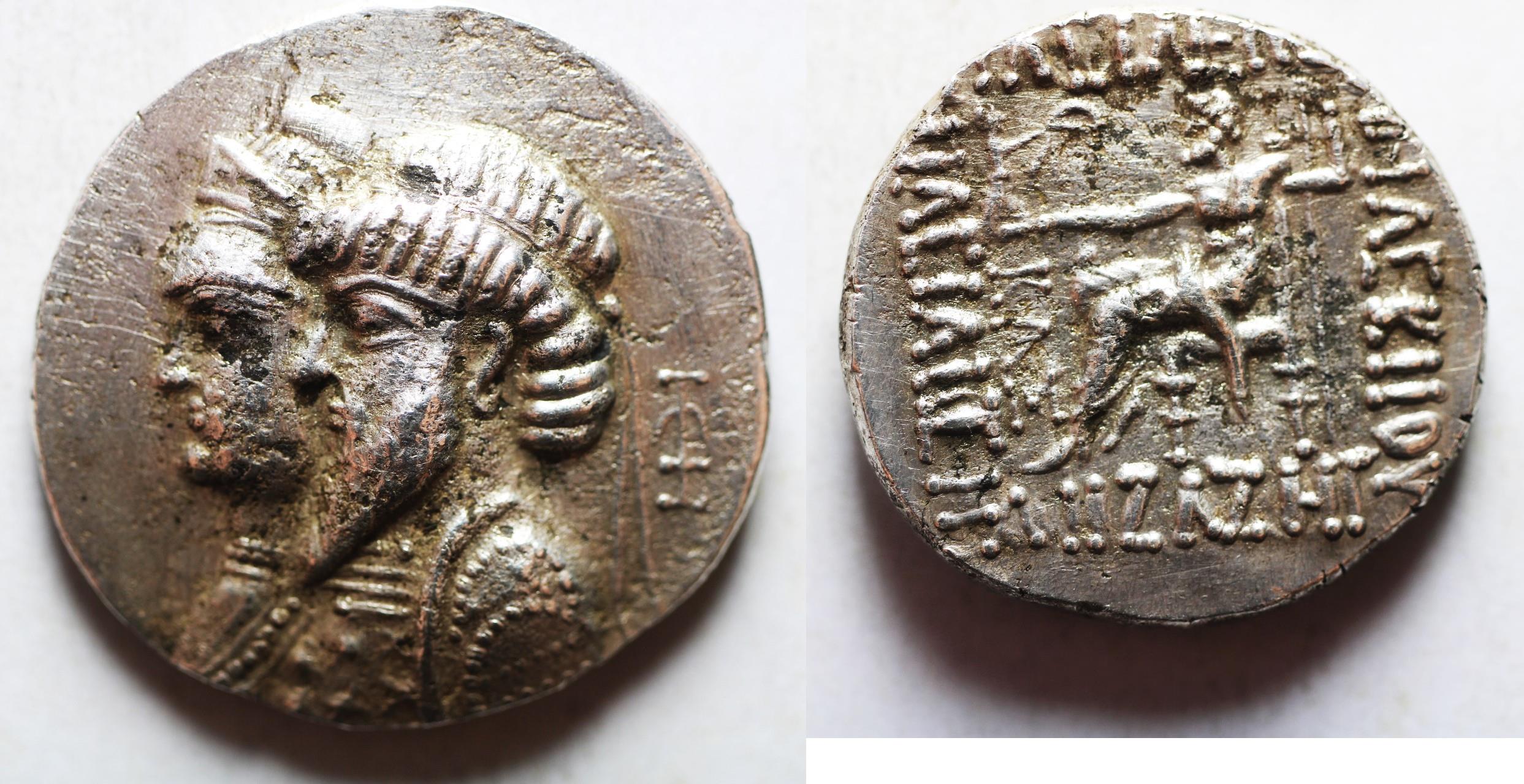 Kings of Elymais. Kamnaskires III, with Anzaze. AR Tetradrachm.