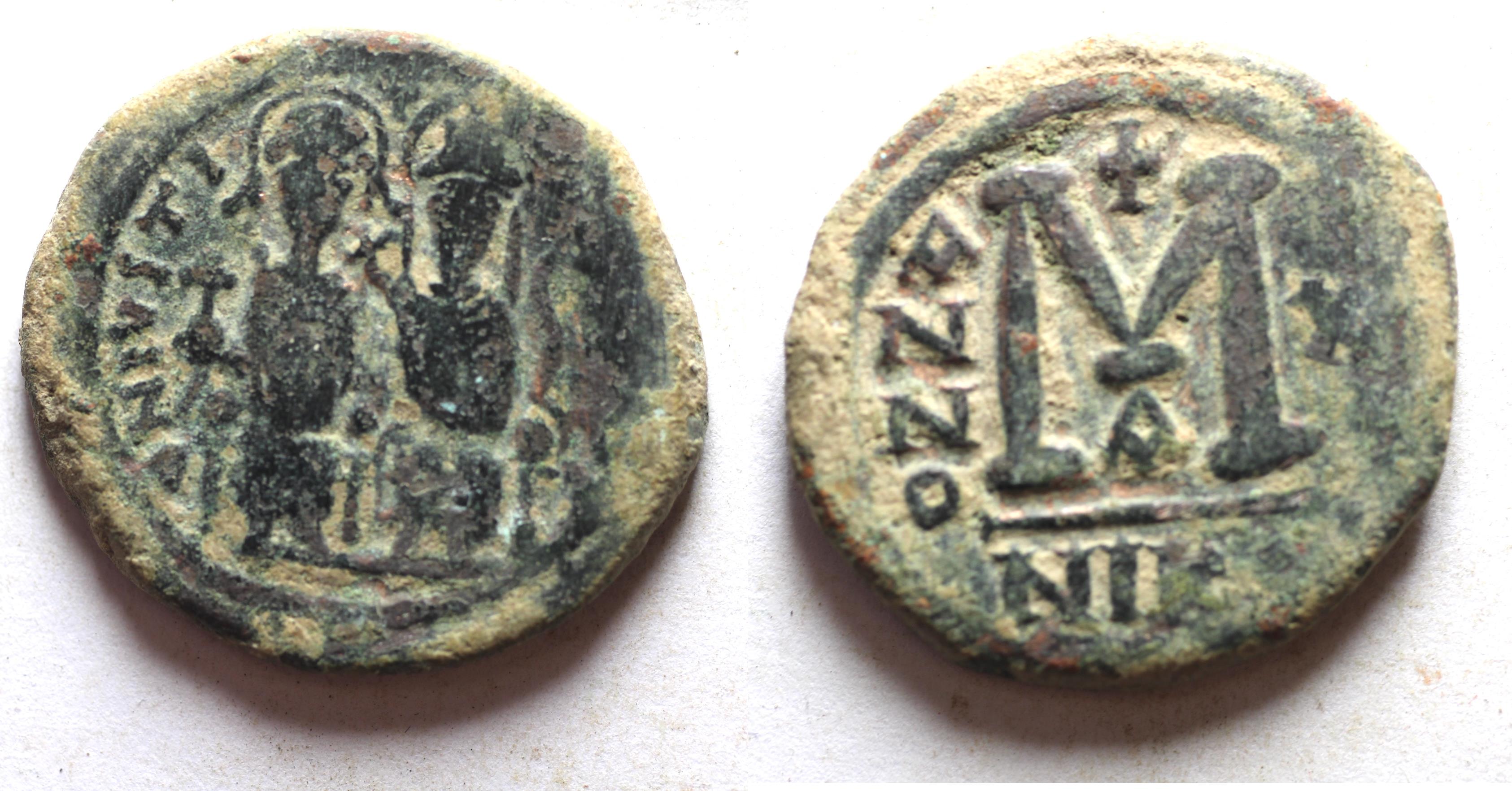 BYZANTINE. Justin II with Sophia, 565 - 578 AD. AE FOLLIS | Byzantine Coins