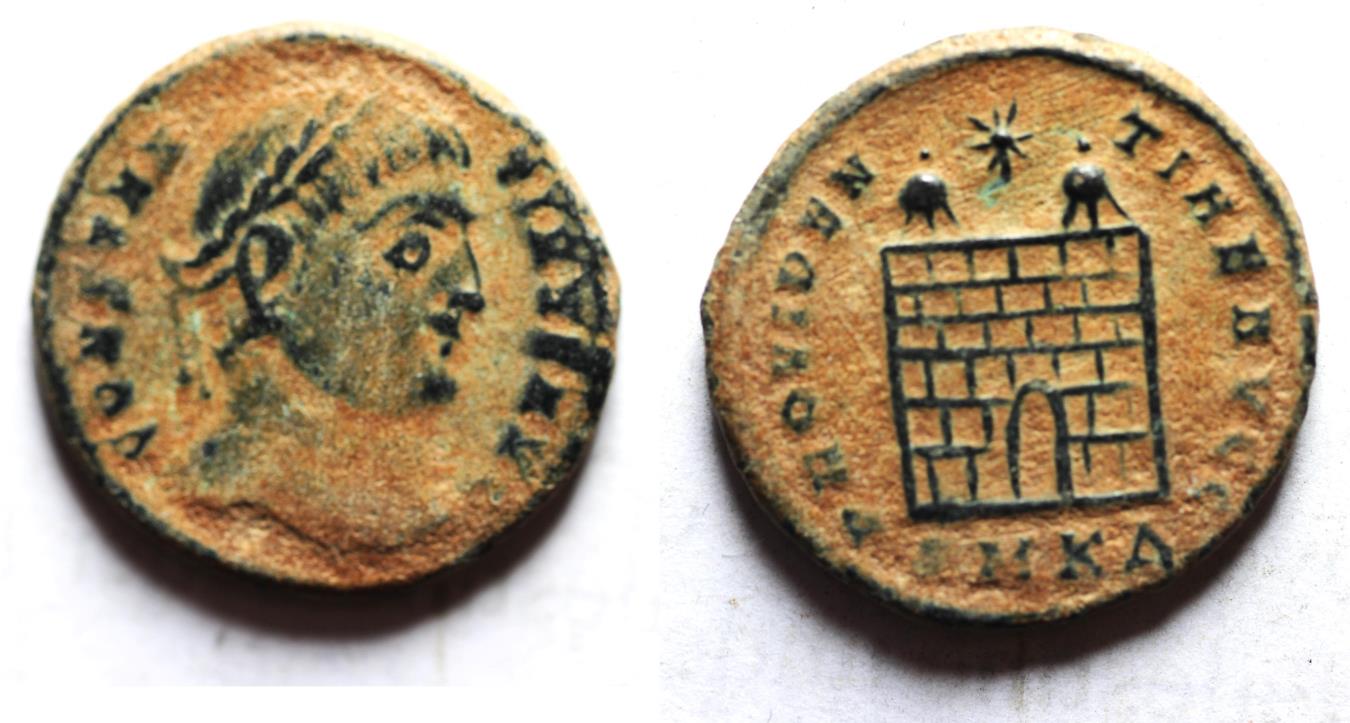 AS FOUND: CONSTANTINE I AE FOLLIS. CAMP GATE | Roman Imperial Coins