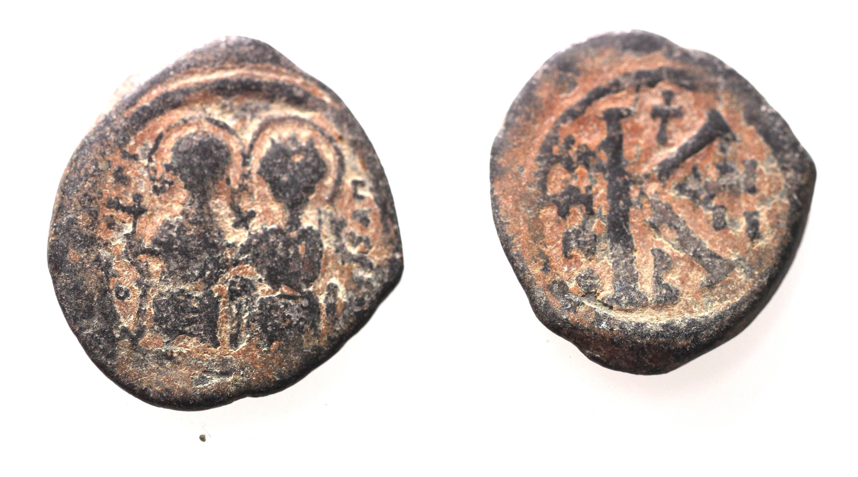 BYZANTINE. Justin II with Sophia, 565 - 578 AD. AE HALF FOLLIS